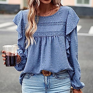 Orders Placed by me Womens Tops Dressy Casual Solid Color Long Sleeve Round Neck Blouses Swiss Dot Flowy Pleated Stylish Shirts Blue M