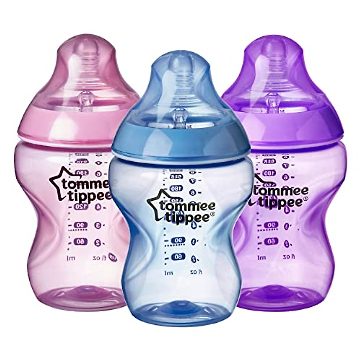 Tommee Tippee Closer to Nature Baby Bottles, Slow Flow Breast-Like Nipple with Anti-Colic Valve, 9oz, 3 Count, Colour My World Pacific - Pink