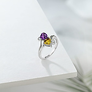 Gem Stone King 925 Sterling Silver Purple Amethyst Yellow Citrine Ring For Women (1.38 Cttw, Heart Shape 6MM, Gemstone February Birthstone, Available In Size 5, 6, 7, 8, 9)