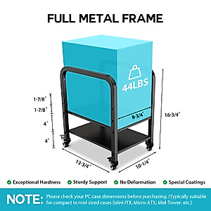 Computer Tower Stand, 360Tronics Adjustable Desktop ATX-Case CPU Holder, 2-Tier PC Rolling Stand Mobile Steel Desktop Case Stand Cart with 4 Locking Wheels for Office Home, Black