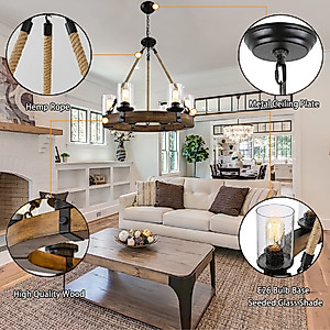 Rustic 6 Light Wagon Wheel Chandelier, Round Wood Pendant Light with Seeded Glass Shade, Farmhouse Chandeliers for Dining Room Kitchen Island Foyer Entryway