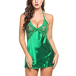 Aniywn Women's Satin Lace Mini Night Dress Backless Lace Chemise Nightgown Babydoll Nightwear Silk Slip Dress Green