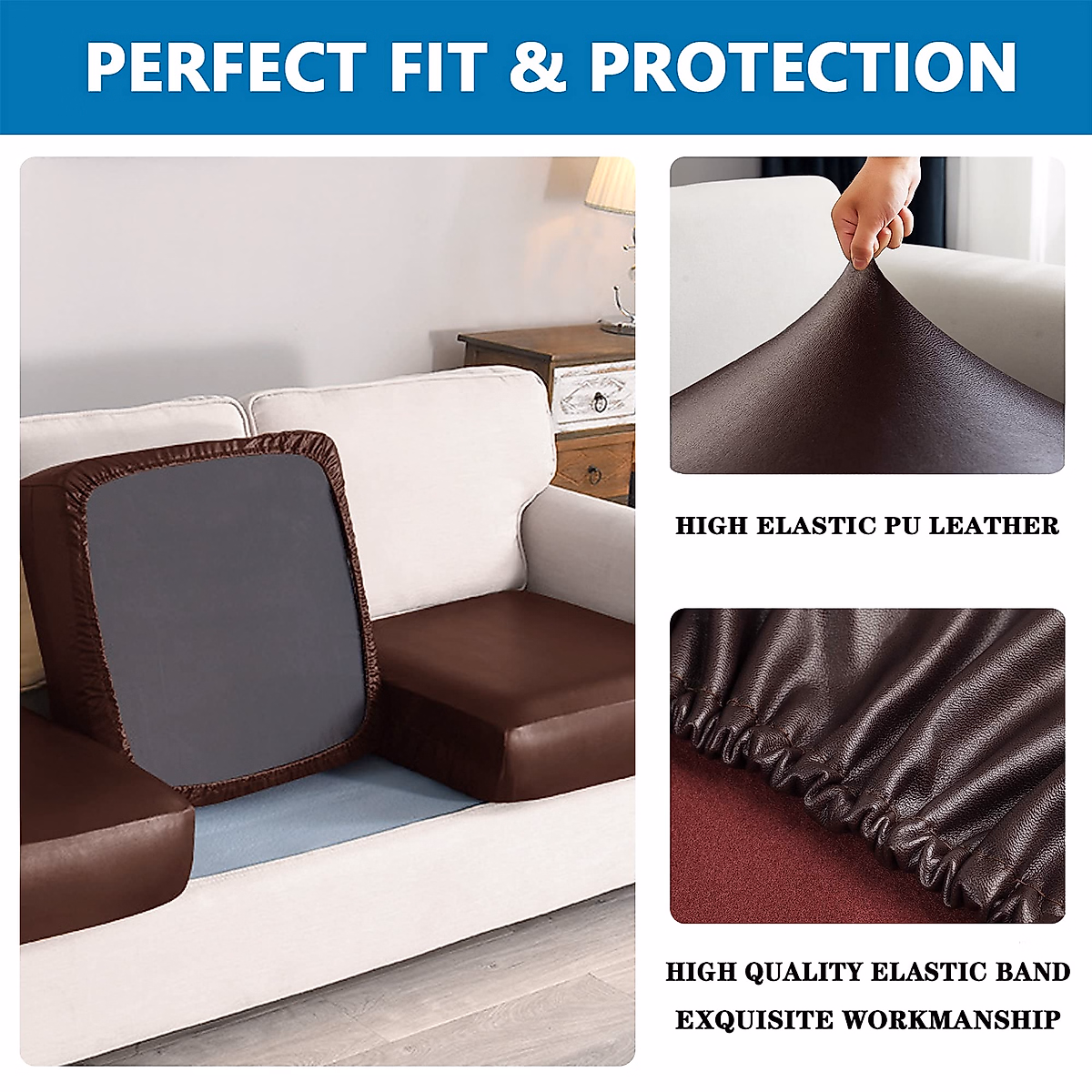 Faux Leather Couch Cushion Covers, Waterproof Sofa Cushion Slipcovers, Elastic RV Chair Seat Covers for Settee Seater, PU Leather Sofa Slipcovers Replacement Living Room (Chair Cushion, Chocolate)