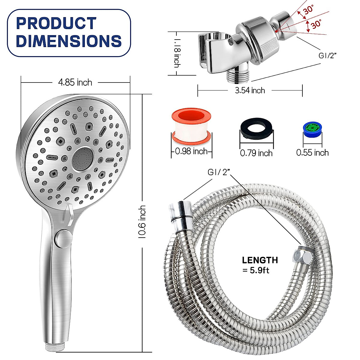 High Pressure Handheld Shower Head 11 Spray Settings, 4.85 inch Pause Switch Water Saving Shower Head, Removable High Flow Bathroom Showerhead with Long Hose and Adjustable Bracket(Chrome)