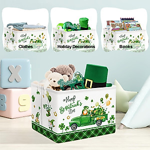 Clastyle St. Patrick's Day Four-leaf Clover Gift Basket Green Balloon Gnome Truck Kid Shelf Basket Rectangle Buffalo Plaid Clothes Book Toy Toy Storage Cube, 36L