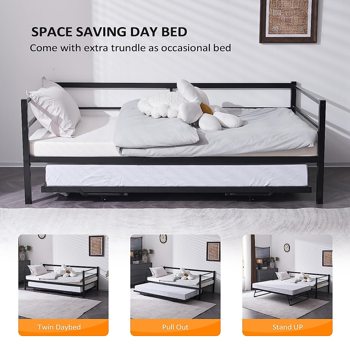 VINGLI Daybed with Pop Up Trundle, Heavy Duty Metal Twin Bed with Trundle, No Box Spring Needed, Black