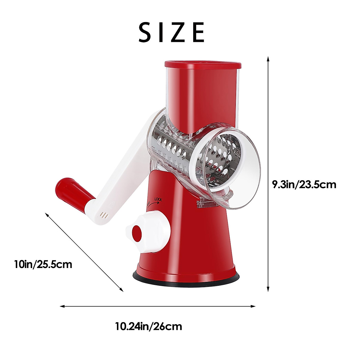 Ourokhome Rotary Cheese Grater Hand Crank, Kitchen Shredder Speed Mandolin Slicer Nut Grinder with Handle and Drum Blades for Cheese, Vegetable, Walnut, Chocolate, Potato, Carrot, 3 Blades, Red