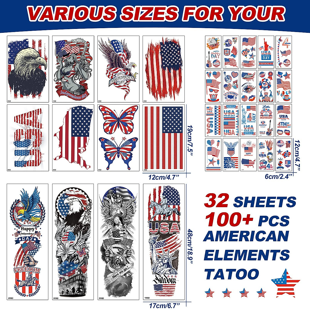 RainFlowwer 4th of july Temporary Tattoo for Adults Kids, Independence Day Sleeve tattoo, Decorations tattoo,USA Flag Full Arm tattoo, Memorial Day, Independence Day, Labor Day Fake Tattoos