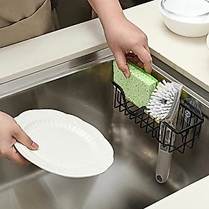 Sponge Holder for Kitchen Sink with Adhesive Hook & Suction Cups - 2 IN 1 Sink Caddy for Sponges, Dish Brush, Scrubbers, Soap - 304 Stainless Steel Kitchen Bathroom Organizer Accessories - Black