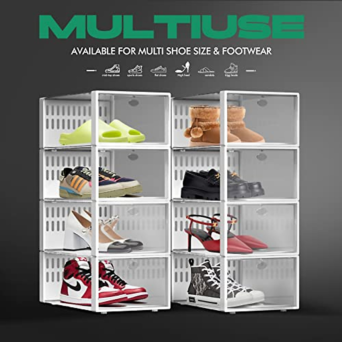 Durable Shoe Boxes Clear Plastic Stackable, Sturdy Hard Plastic Shoe Storage Boxes, Pure Clear Shoe Boxes Stackable, Space Saving Shoe Box Sneaker Storage Shoe Containers Medium Size Shoe Case 12PACK (Clear-8Pack)