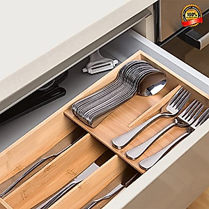 guiogc Medium double layer Bamboo Silverware Organizer, Kitchen Silverware Drawer Organizer, Utensil Tray Holder, Cutlery Tray for Spoons, Forks, Knives