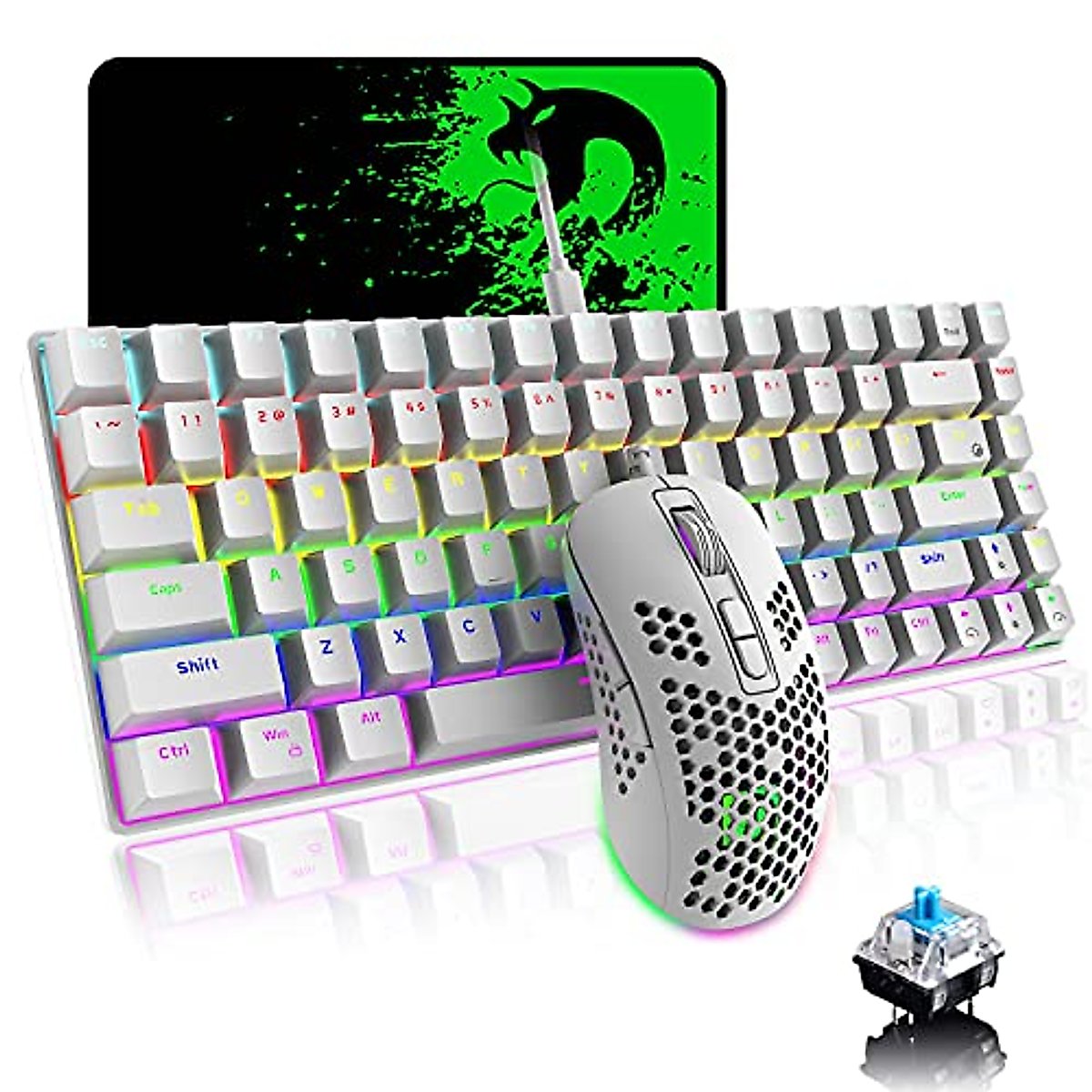 Mechanical Gaming Keyboard and Mouse Combo with 20 Rainbow Backlight 84 Key Anti-ghosting Ergonomic Waterproof Type-C Wired 2400 DPI Honeycomb Mice for PC Mac Gamer Computer Typist(White/Blue Switch)
