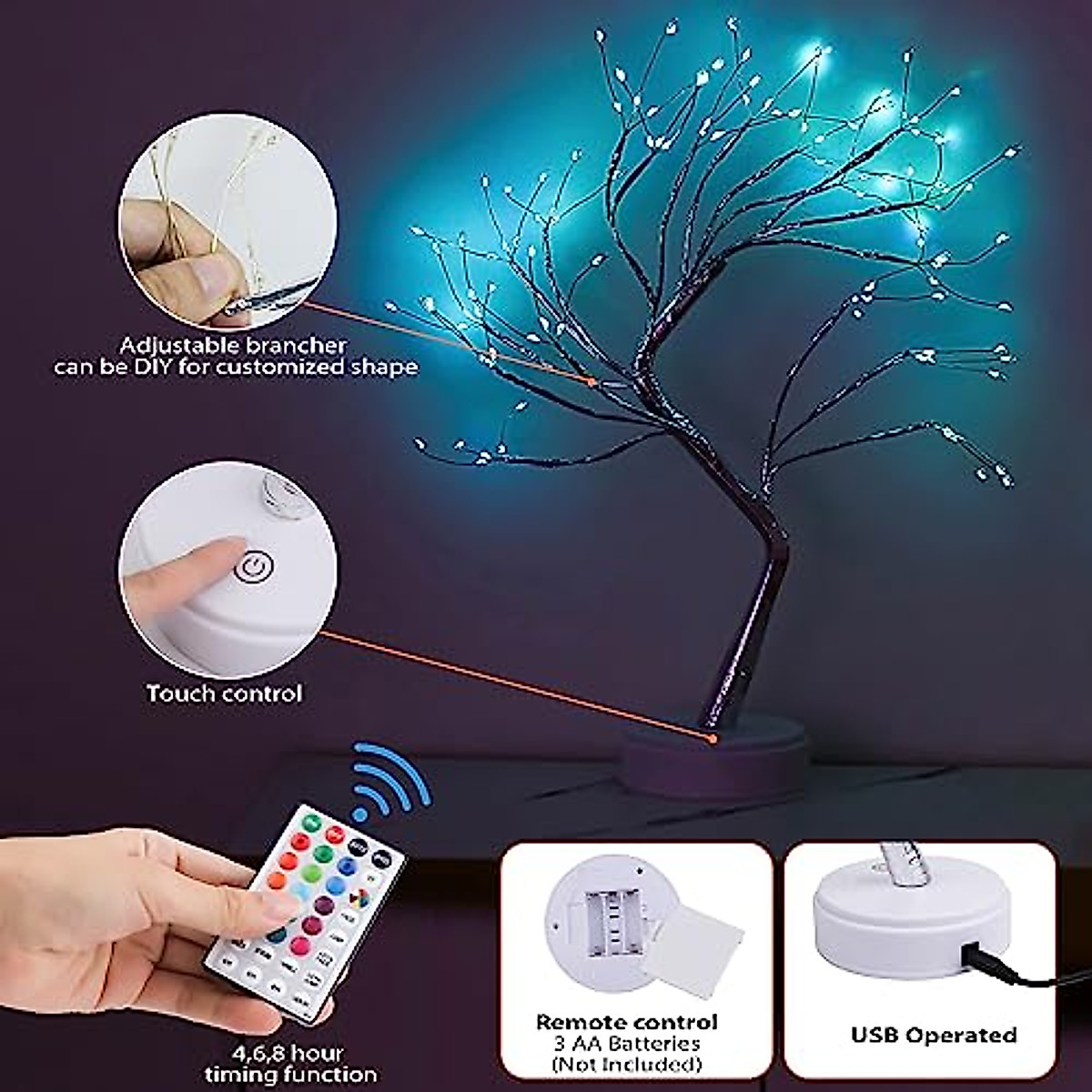 Yiliaw 20 Inch Bonsai Tree Light, RGB 108 LEDs Tabletop Night Lights with Remote Control, 16 Color Changeable Led Artificial Tree Lamp, Cute Room Decor, Home Decorations for Bedroom