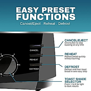 Elite Gourmet ECT4829B Long Slot 4 Slice Toaster, 6 Toast Settings Toaster Defrost, Reheat, Cancel Functions, Slide Out Crumb Tray, Extra Wide Slots for Bagels Waffles, Black