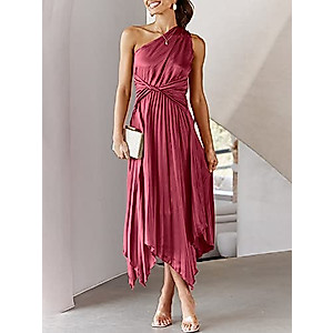 ANRABESS Women's Summer One Shoulder Elegant Cocktail Party Midi Dress Sleeveless Pleated Asymmetric Satin Evening Night Dress Wedding Guest Graduation Prom Dresses 751zaohong-S Maroon