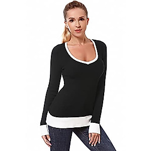 AmélieBoutik Women Color Trim V Neck Long Sleeve Pullover Knit Sweater Top (Black and Ivory White Large)