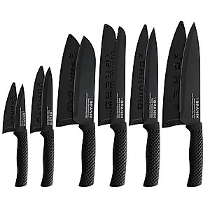 BRANIK 6Pc Black Kitchen Knife Set with Protective Sheaths & Giftbox, Premium German Steel with Special Non-Stick Coating making them Dishwasher Safe. Sharp black knives set for kitchen Knife set.