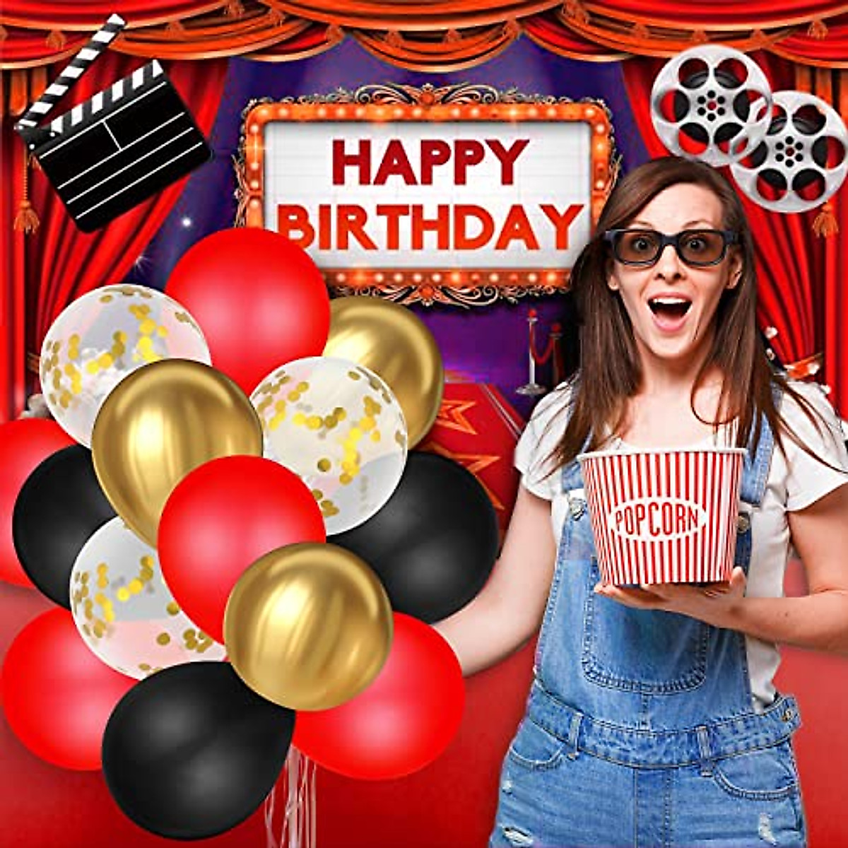 86 Pcs Movie Night Party Decorations Kit, Include Movie Night Themed Large Backdrop Movie Night Colorful Balloons Movie Night Table Cover Cake Topper for Movie Night Party Red Carpet Party Supplies