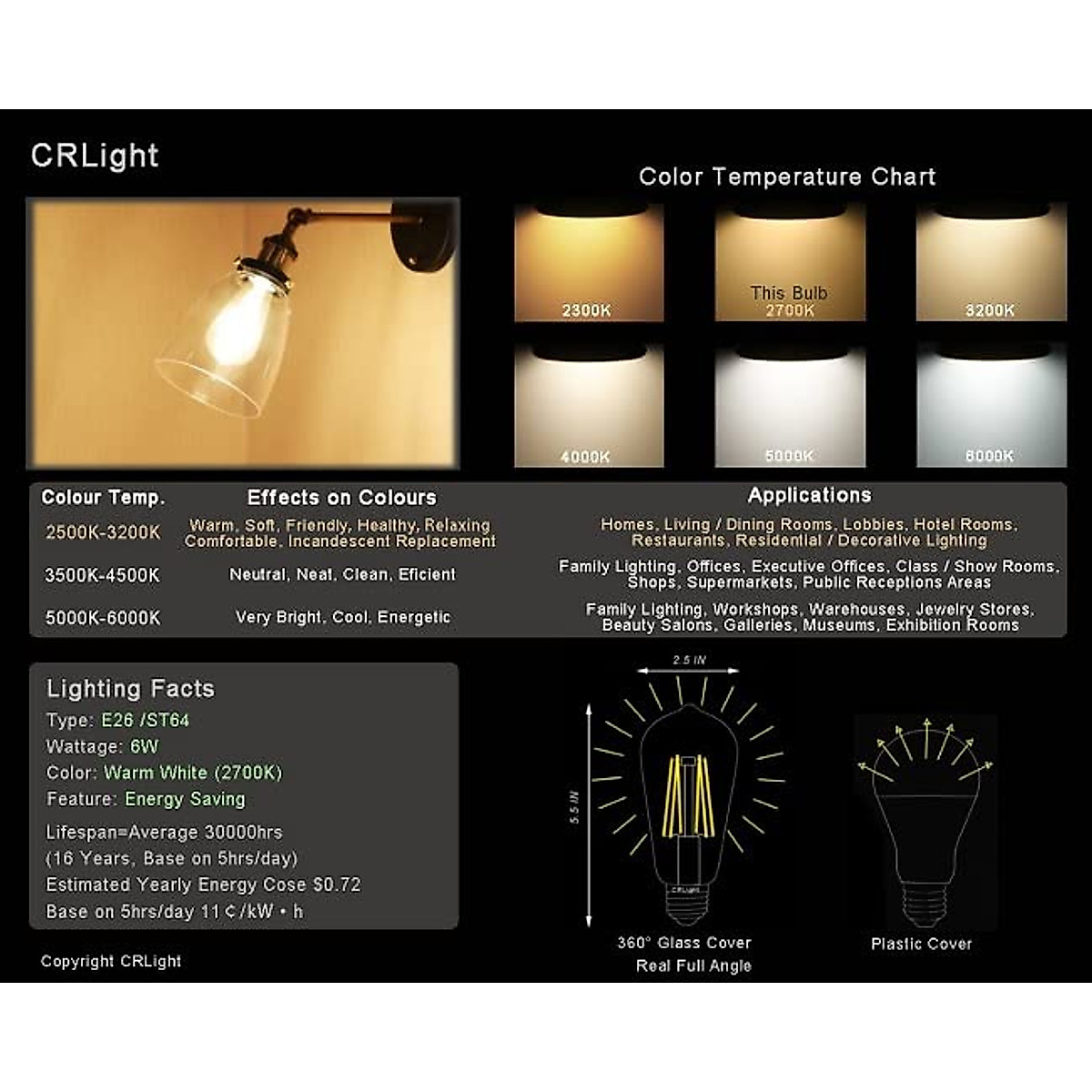 NOTOC E26 LED Light Bulb 4W,Equivalent 40W,E26 Tubular Light Bulb Non Dimmable 2700K Warm White,Antique Clear Edison Filament Bulb,Pack of 6