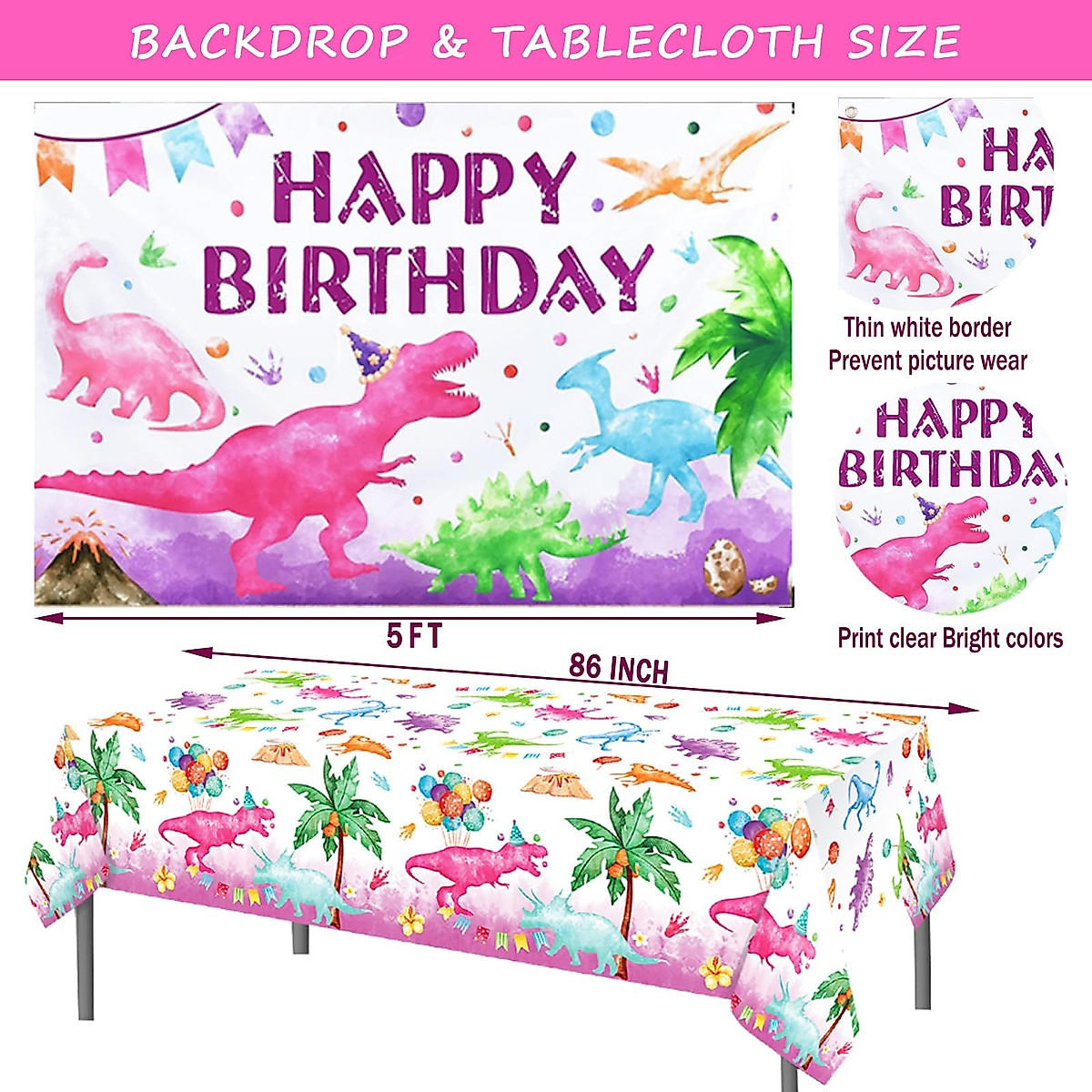 199 Pcs Dinosaur Party Supplies Girl, Hombae Pink Dinosaur Birthday Decorations Backdrop Balloon Garland Artificial Leaves Tablecloth Cake Topper Plate Napkin Cup Straw Knife Spoon Fork Pink