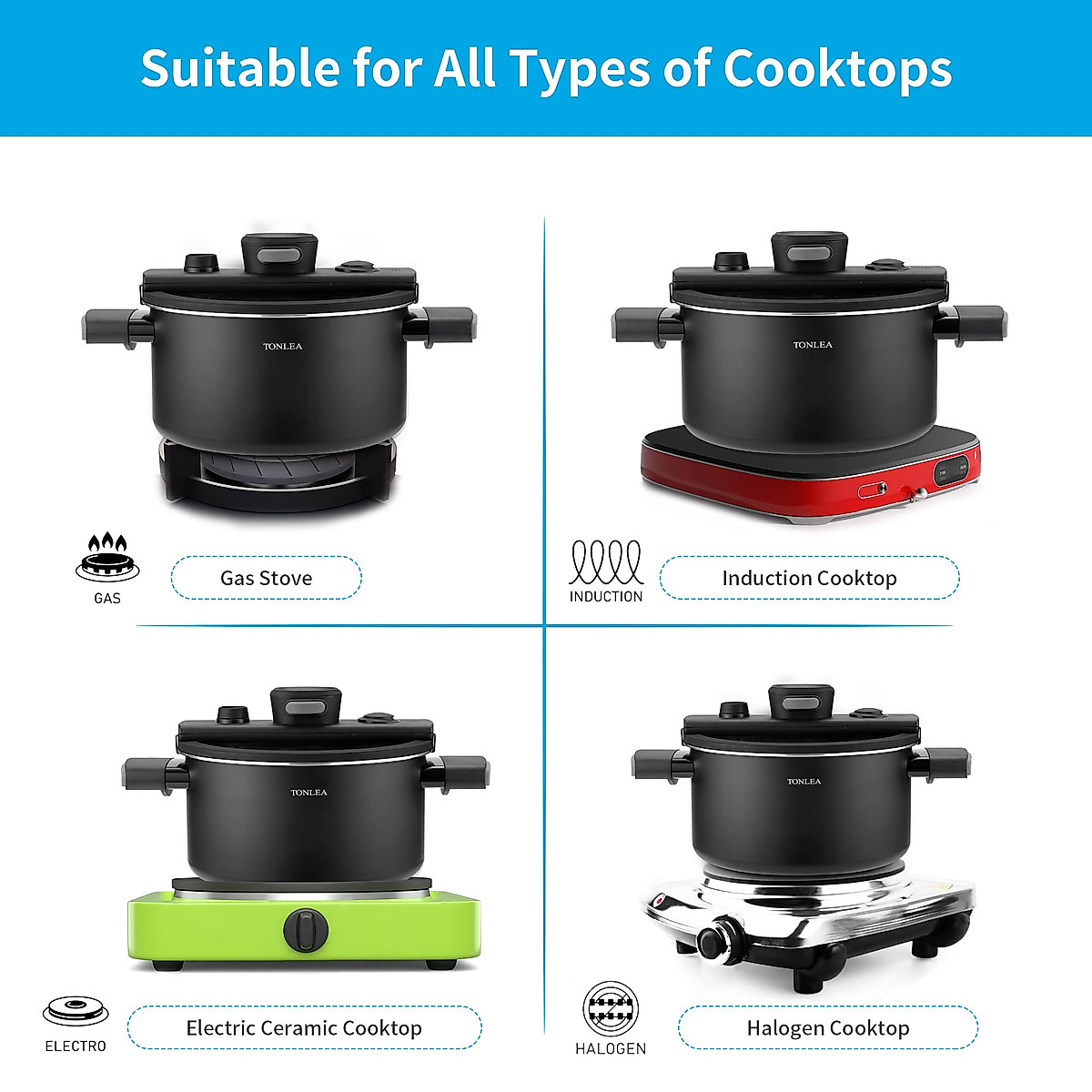 TONLEA 4 Quart Aluminum Pressure Cooker, Pressure Canner with One-hand Operating Glass Lid, 2-3 KPa Pressure Cooker Safer for Canning, Pressure Cookder Easy to Clean(Black, MPC-22-Black)