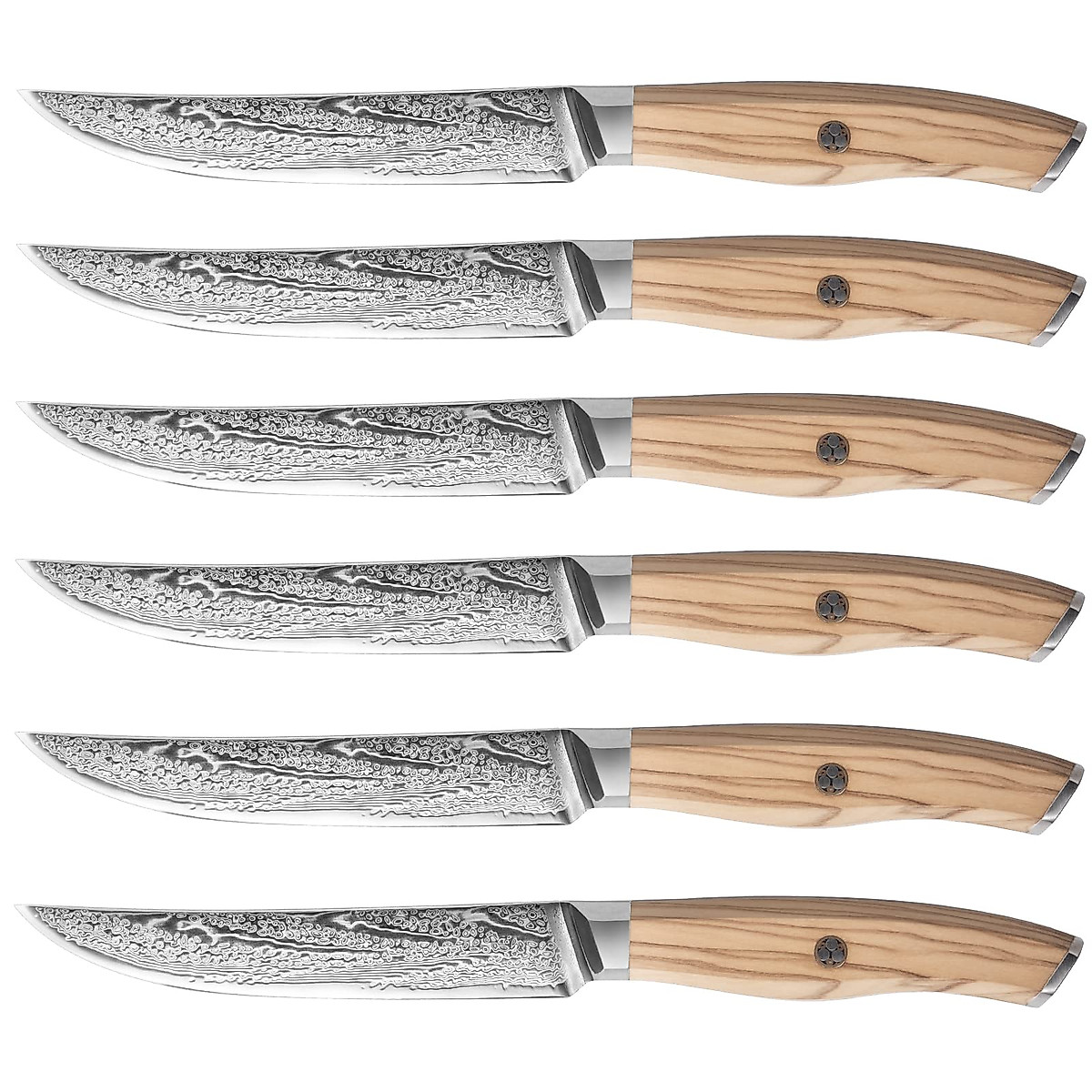Steak Knives Set of 6, Super Sharp 5" Non-serrated Japanese Damascus Steel Steak Knife with Full-Tang Ergonomic Olive Wood Handle