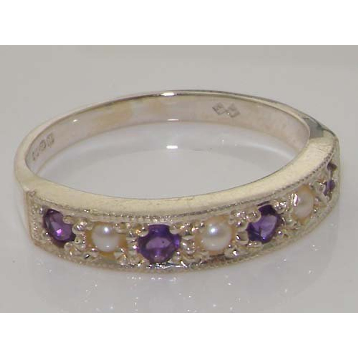 LetsBuyGold 925 Sterling Silver Cultured Pearl and Amethyst Womens Band Ring - Sizes 4 to 12 Available