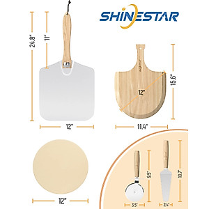 SHINESTAR 5 Piece Pizza Making Kit, 12" Round Baking Stone, Wooden & Metal Pizza Peel, Cutter & Server Included, Pizza Stone Set for Grill, Oven