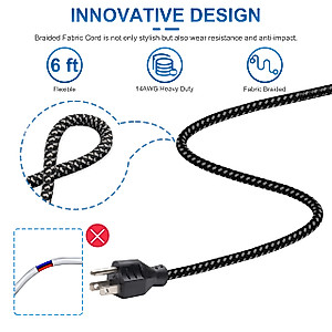 6 Outlets Metal Power Strip Surge Protector with Long Extension Cord 6 feet, 3 Prong Wall Mountable, Overload Protection Switch ON/Off, Black Heavy Duty Power Strip for Home, Office, Dorm Essentials