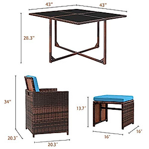 GUNJI 9 Pieces Patio Dining Outdoor Table and Chairs Table Set with Space Saving Rattan Chairs Patio Furniture Sets Cushioned Seating and Back (Blue)