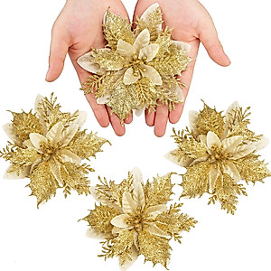 GREENTIME 12 Pcs Glitter Poinsettia 5.5" Artificial Flowers Christmas with Clips Stems Xmas Tree Ornaments for Wedding Party Wreath Decoration (Golden)