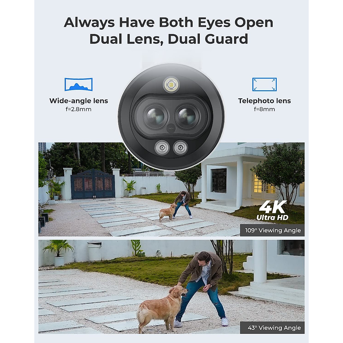 REOLINK Dual View PoE Camera - IP Security Camera System with 1x 4K Wide-Angle Lens and 1x 3MP Telephoto Lens for A Close-up, AI Detection, Color Night Vision, Two-Way Talk, RLC-81MA