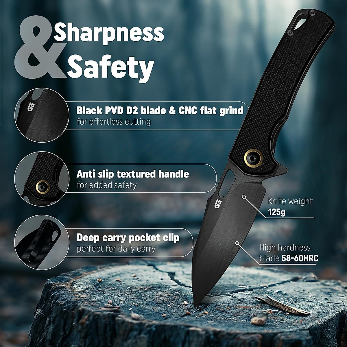 Guardian Eagle Folding Pocket Knife for Men - EDC Tactical Knife with Pocket Clip, Indoor & Outdoor, Camping, Survival Hiking & Gifts for Men, Every Day Carry, Lightweight (Black Blade)
