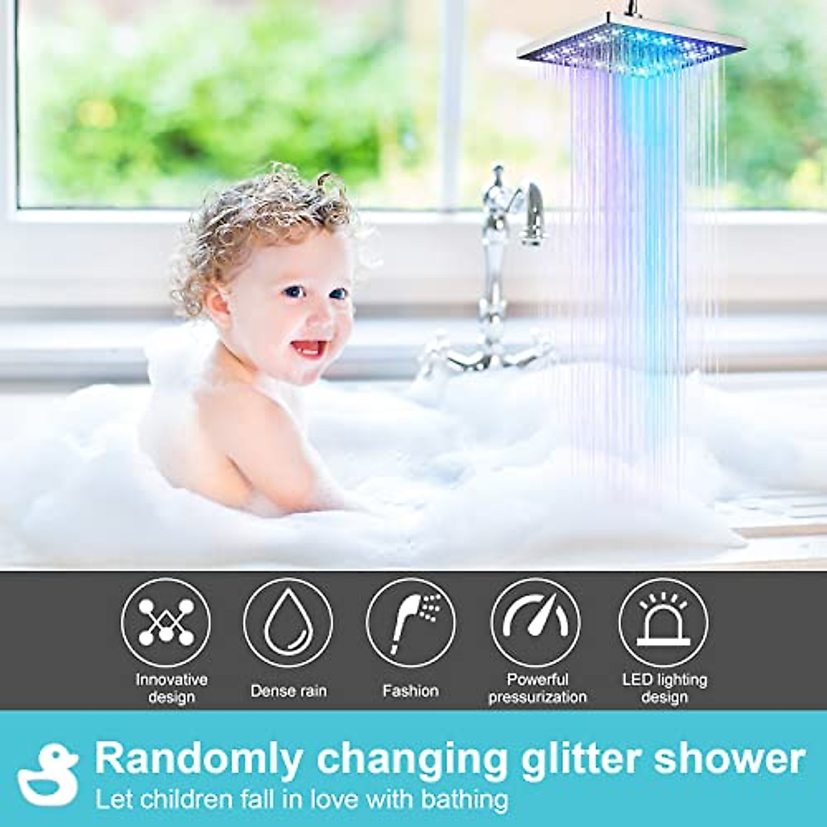 Shower Head, Contemporary LED Color Changing Overhead Rainfall Shower Head Chrome Finish Eco-Friendly Stainless Steel Body