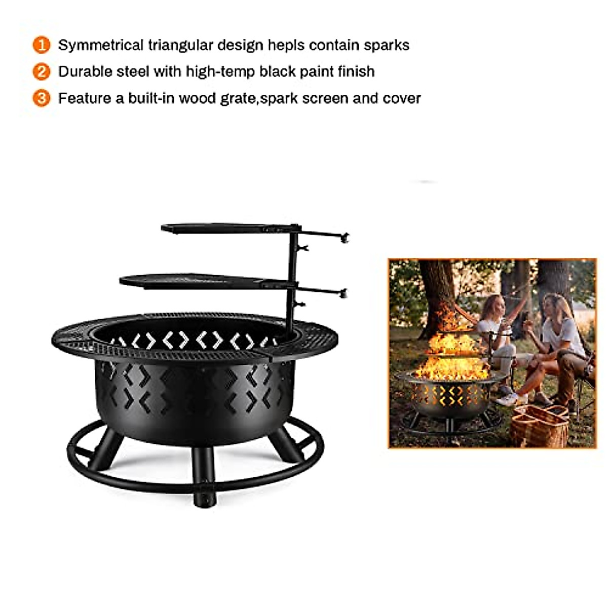 Cityflee 32 Inch Fire Pit for Outside with 2 Grills, Outdoor Wood Burning Firepit Large Steel Firepit for Patio Backyard Picnic Garden with Wood Grate & Poker