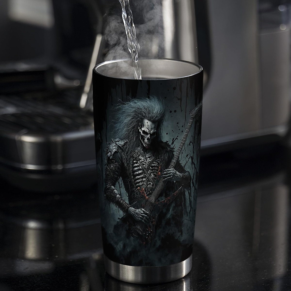 20oz Metal Rock Skull Reaper Electric Guitar Tumbler, Guitarist, Musician Gifts, Coffee Thermos for Men, Stainless Steel Double Wall Vacuum Insulated Coffee Mug, Travel Cup with Lid