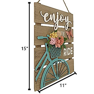 Farmhouse Wall Decor Spring Decorations for Home Metal Bicycle Butterfly Floral Sign Wood Rustic Wall Plaque Hanging Art Gift Indoor Outdoor 11" X 15" - Enjoy The Ride