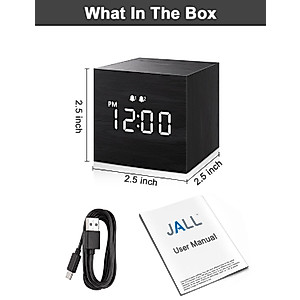 JALL Digital Alarm Clock, with Wooden Electronic LED Time Display, Dual Alarm, 2.5-inch Cubic Small Mini Wood Made Electric Clocks for Bedroom, Bedside, Desk, Black