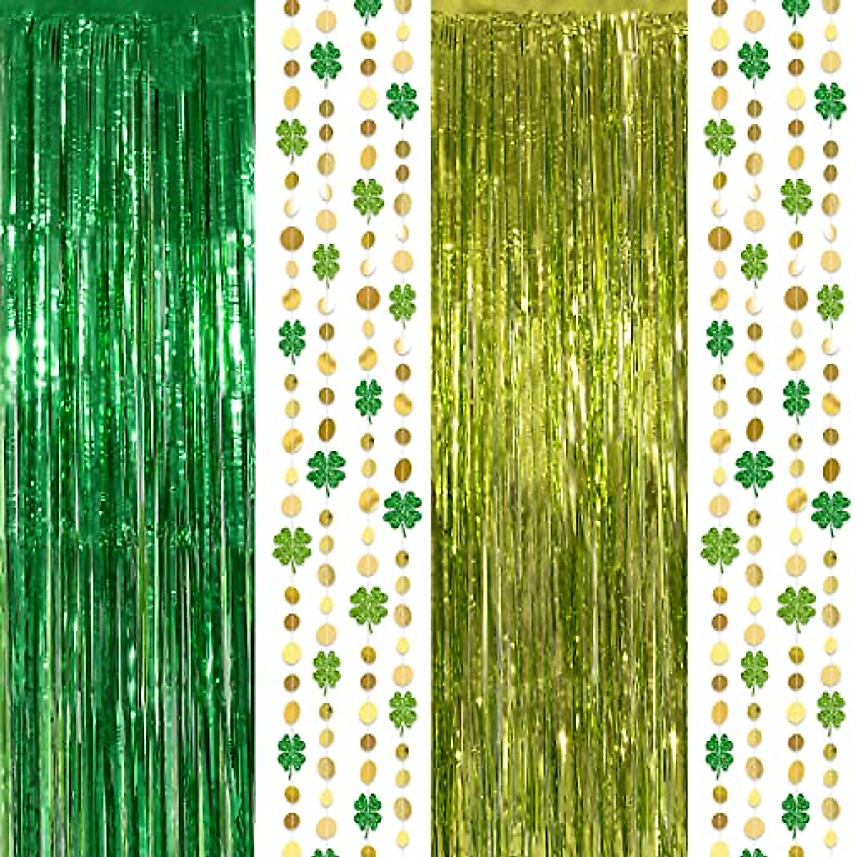 Green Gold Tinsel Foil Fringe Curtain Backdrop Shamrock Clover Garland Kit for St Patrick’s Day Decorations Irish Party Decoration Spring Wedding Engagement Birthday Party Supplies