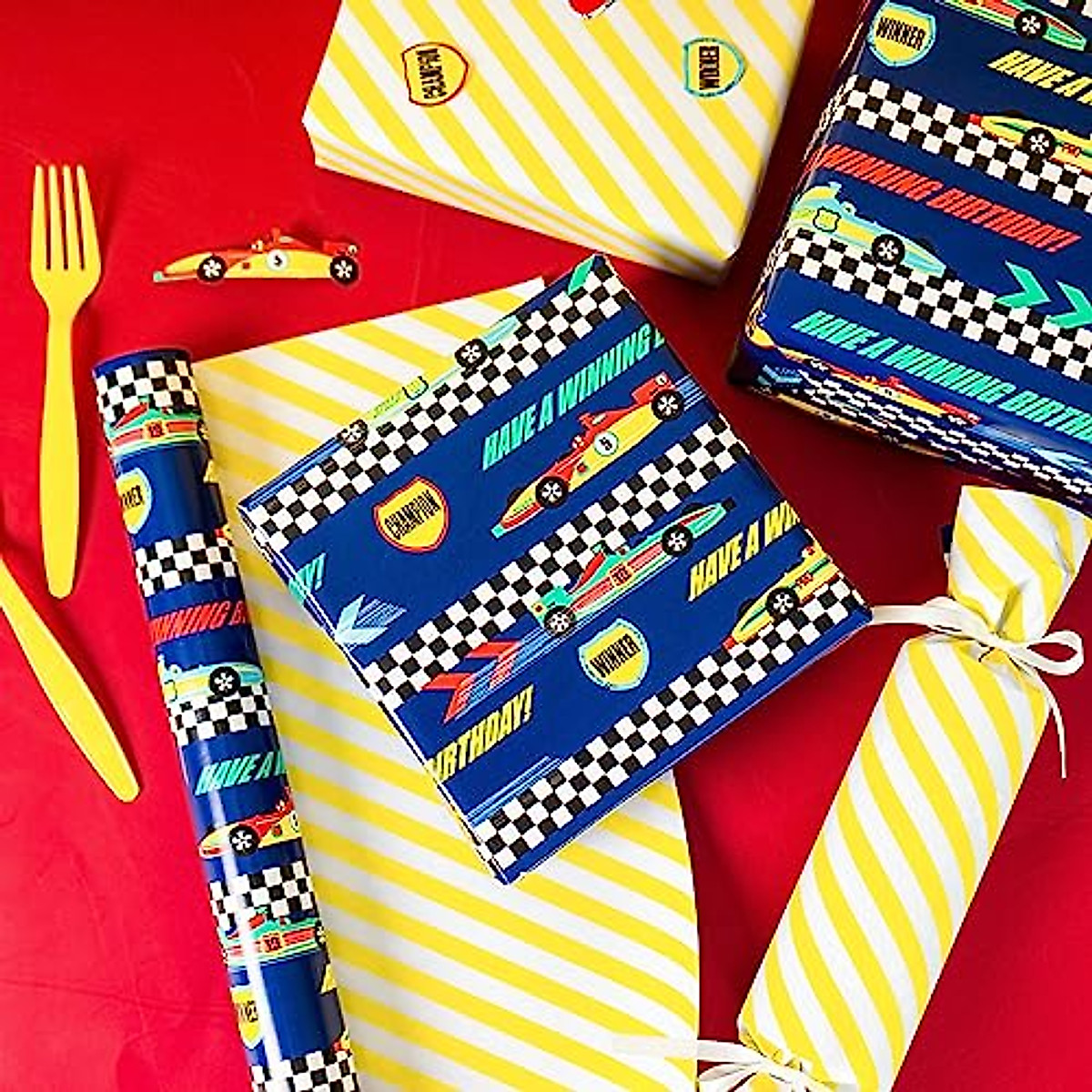 WRAPAHOLIC Reversible Wrapping Paper - Mini Roll - 17 Inch X 33 Feet - Racing Cars and Yellow Stripes Design Design for Birthday, Holiday, Baby Shower