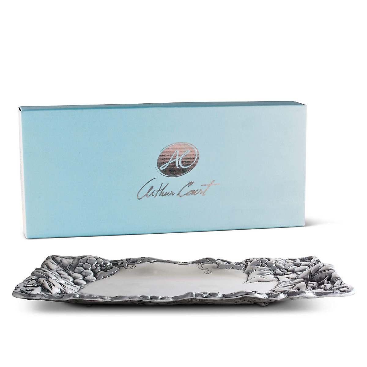 Arthur Court Metal Bread Serving Tray Grape Pattern Sand Casted in Aluminum with Artisan Quality Hand Polished Design Tarnish-Free 6 inch x 12 inch