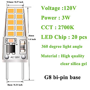 Kapata 5 Pack G8 LED Bulb Soft White 2700K 120V 3W Equivalent to G8 Halogen Bulb 35W T4 JCD Type GY8.6 Bi-Pin Base, Non-dimmable for Under Cabinet Light, Under Counter Kitchen Lighting