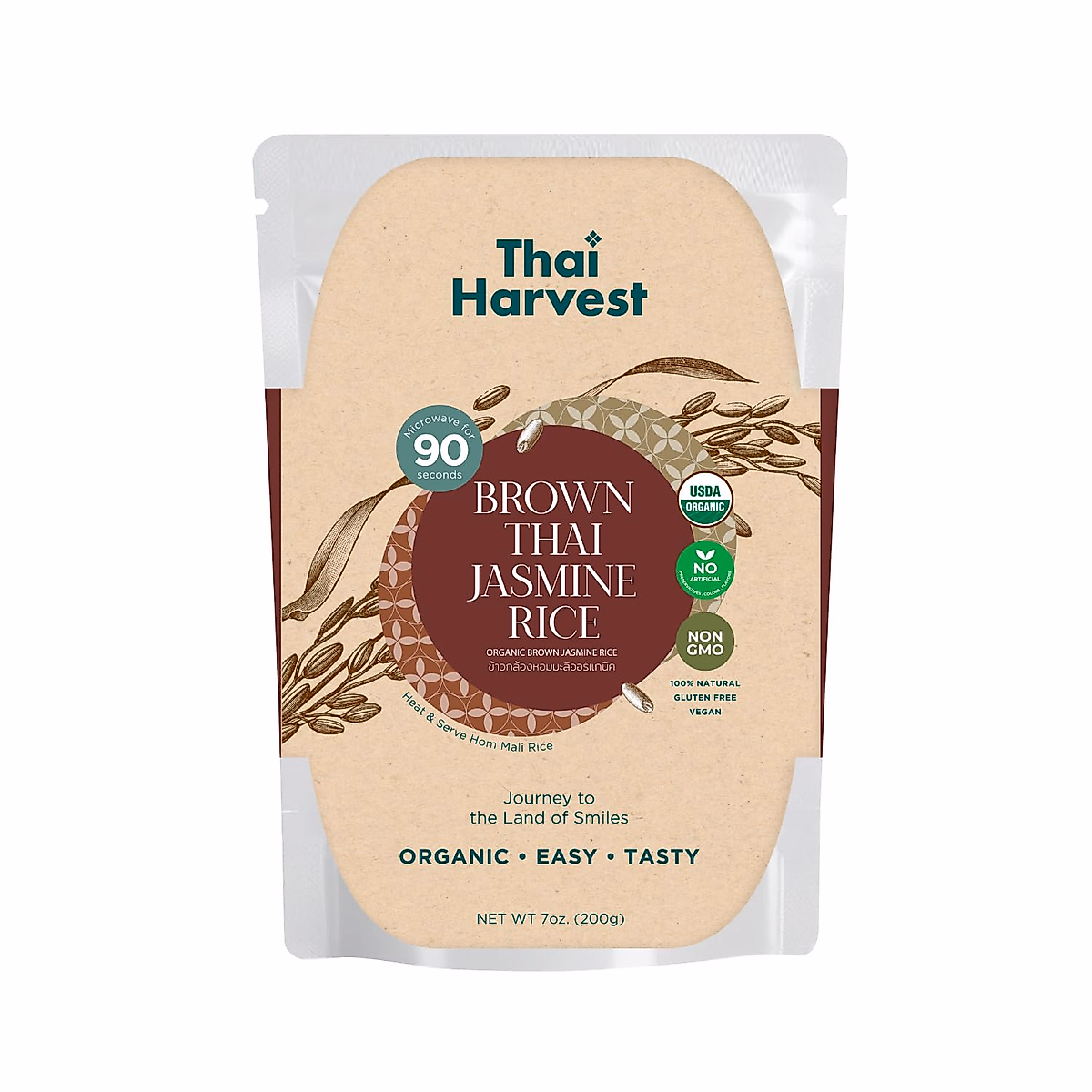 THAI HARVEST 100% USDA Organic Brown Jasmine Rice 7 Ounce (Pack of 8) Microwaveable 90 Seconds Ready to Eat Instant Jasmine Rice for Quick Dinner Meals Zero Preservatives Gluten Free