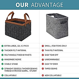 DAKCOS 2 Pack 32L Collapsible Felt Storage Basket,15.3"x11.8"x11.2" Felt Woven Basket with Felt Carry Handles for Toys,Towels,Clothes,Firewood etc.