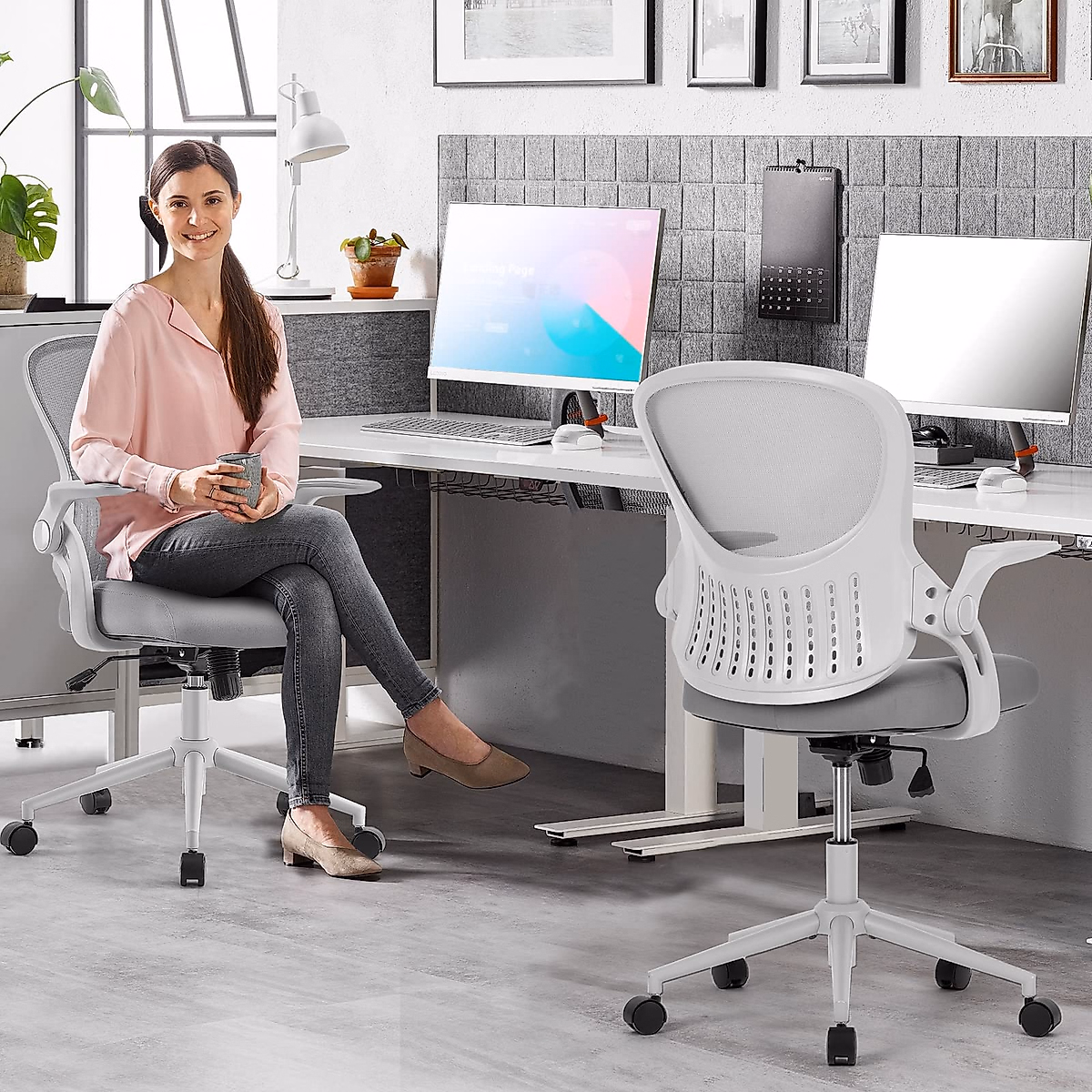 Office Chair Ergonomic Home Office Desk Chairs, Breathable Mesh Back Lumbar Support Computer Chair, Adjustable Height Swivel Task Chair with Flip-up Arms & Wheels, Grey