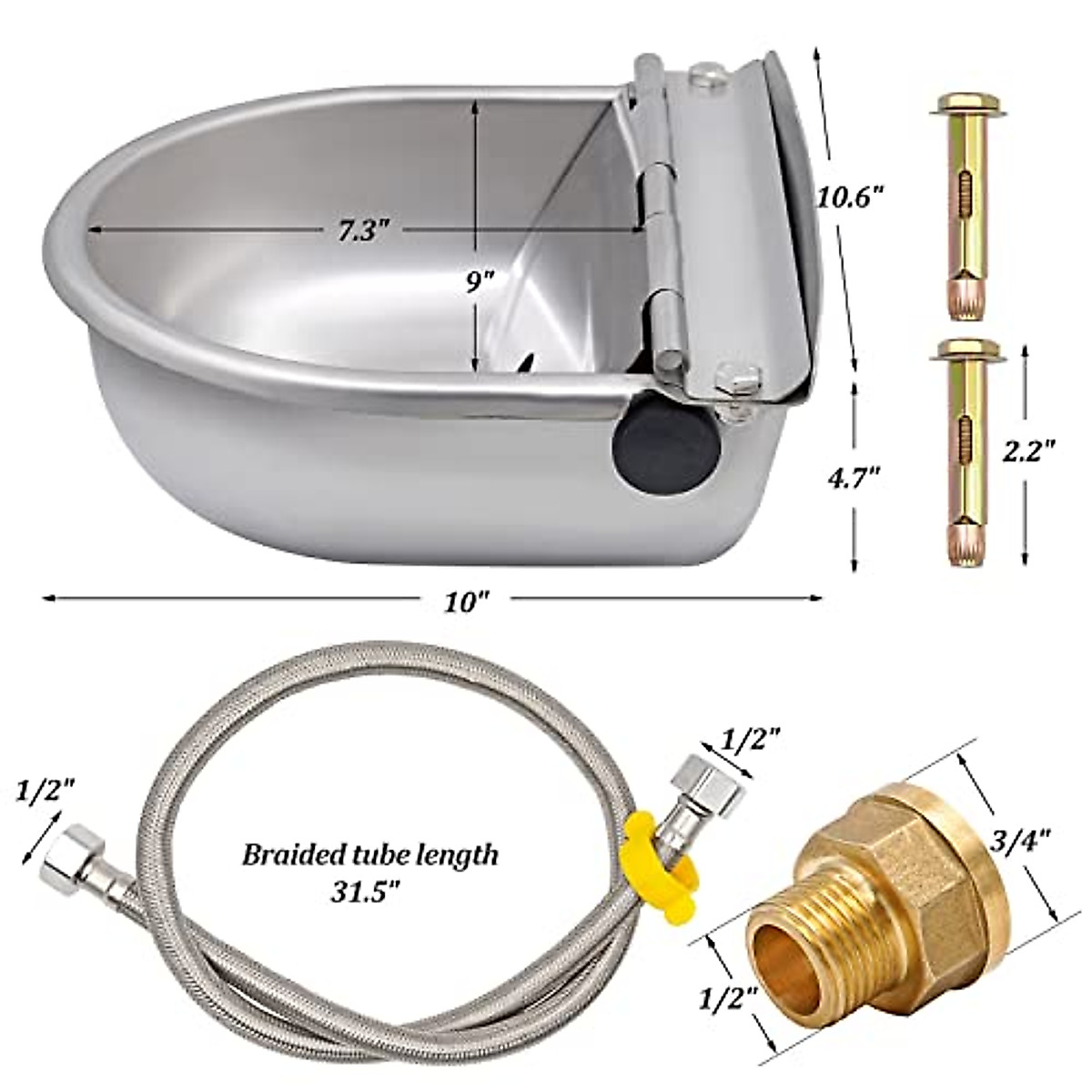 KHEARPSL Automatic Waterer Bowl with Brass Float Valve and Drain Hole, Stainless Steel Dog Livestock Water Bowl with Hose, Connector and Screws