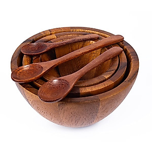 Tiny Nesting Round Wood Bowls Mix Size Stackable Acacia Wooden Bowl Set with Dia 4", 5", and 6" with 3 spoons for serving salad, fruit, dip sauce, salsa, snack, rice, pasta, cereal, Decor Nest Dish