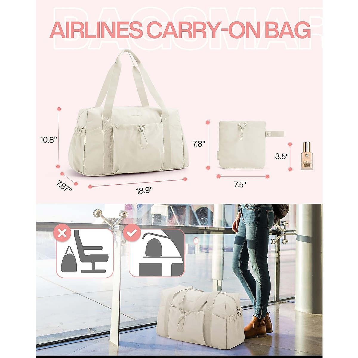 BAGSMART Foldable Travel Duffle Bag for Women, Gym Tote Bag for Sports, 26L Airport Carry On Weekender Overnight Bag for Travel, Travel Accessories(Beige)