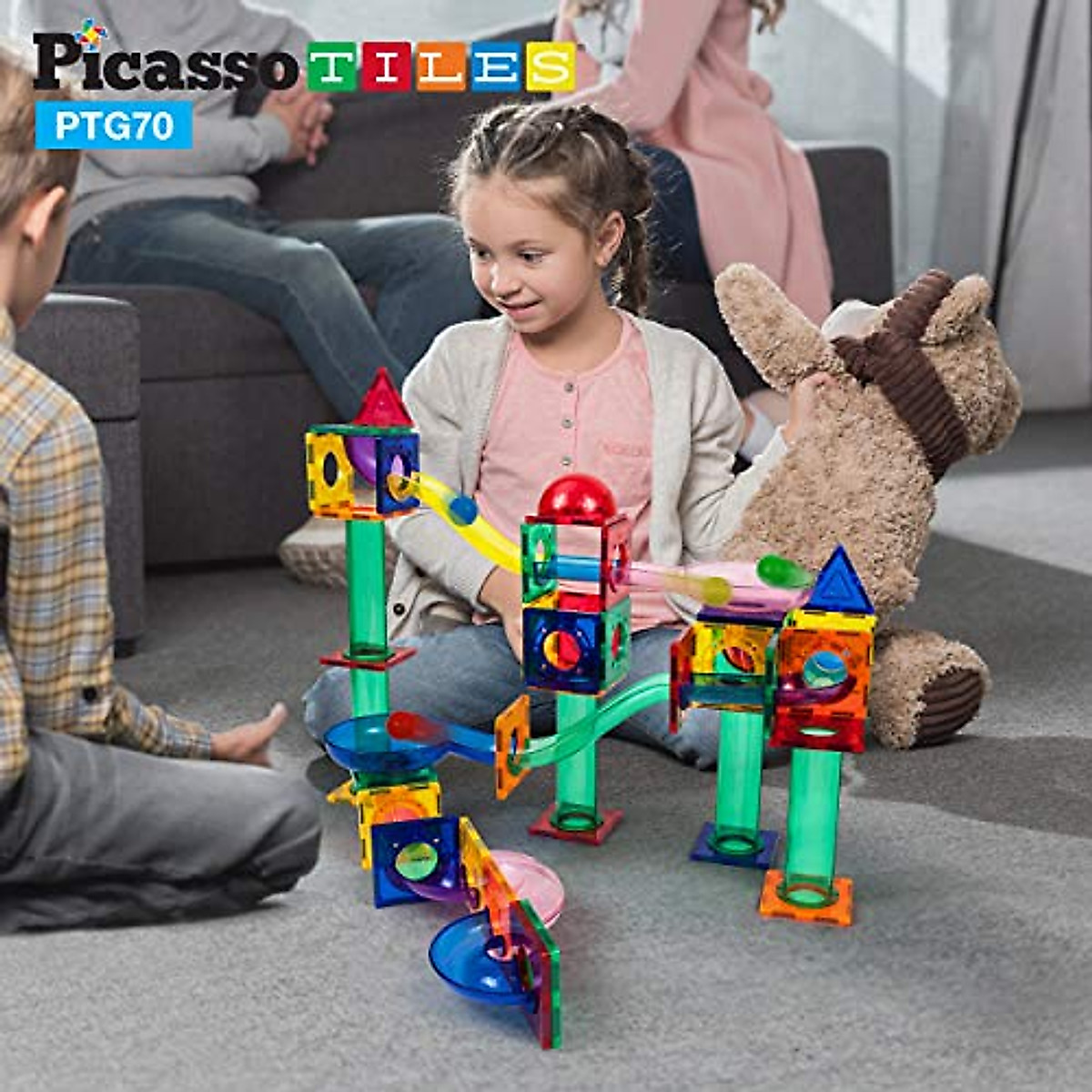 PicassoTiles 70 Piece Marble Run Race Track Magnetic Tiles Magnet Building Block Educational Construction Toy Set Playset STEM Learning Kit Child Brain Development HandEye Coordination Training PTG70