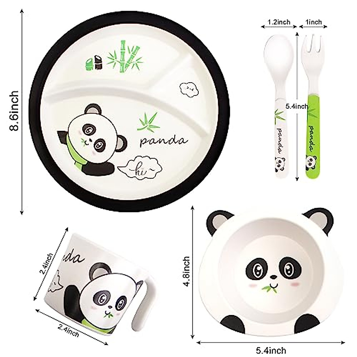 Bamboo Toddler Dinnerware Set,5Pcs Baby Plates and Bowls,Kids Dinnerware Set,Bamboo Kids Plates and Bowls Set,Christmas Kids Dishes Dinnerware Sets with Plate,Bowl,Cup,Fork and Spoon (Panda)